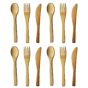 4 Sets Total 12 Pieces Bamboo Utensils Bamboo Tableware Bamboo Cutlery Set Portable Travel Flatware Contains Fork Spoon Knife, for Home Office Picnic Use