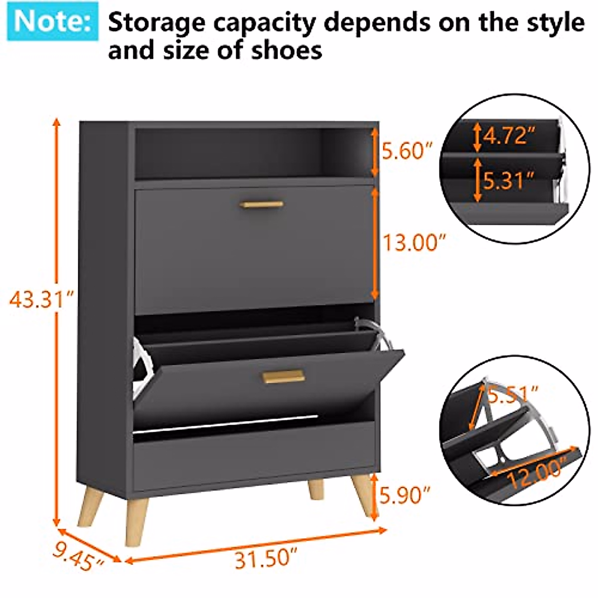 Gyfimoie Shoe Storage Cabinets, Free Standing Shoe Organizer with 2 Flip Drawers for Entryway, Narrow 3 Tier Entryway Hidden Shoe Rack with Doors (Grey)