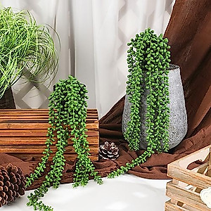 Floweroyal 2pcs Fake Hanging Plants Fake Potted String of Pearls Succulent Plants Small Faux Plants for Indoor Outdoor Shelf Wall Decor