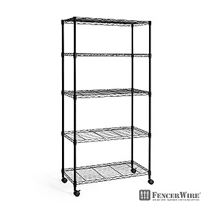 Fencer Wire 4/5-Tier Adjustable Height Wire Shelving Unit, Garage Shelving Storage Organizer, Wire Rack Shelving, Metal Steel Storage Shelf, Utility Storage Shelf with Leveling Feet and Wheels, Black