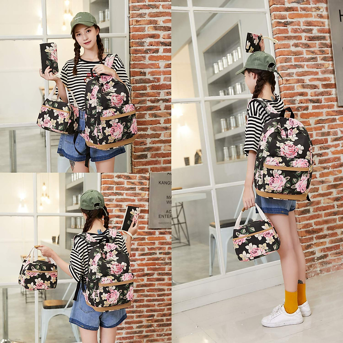 Canvas School Backpack Teens Backpack School Bag Backpack for School Book Bag set (Floral-black)