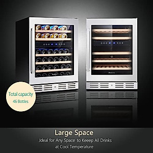 Kalamera 24'' Wine Cooler Refrigerator 40 Bottle - Dual Zone Built-in or Freestanding Fridge with Seamless Stainless Steel & Triple-Layer Tempered Reversible Glass Door and Temperature Memory Function