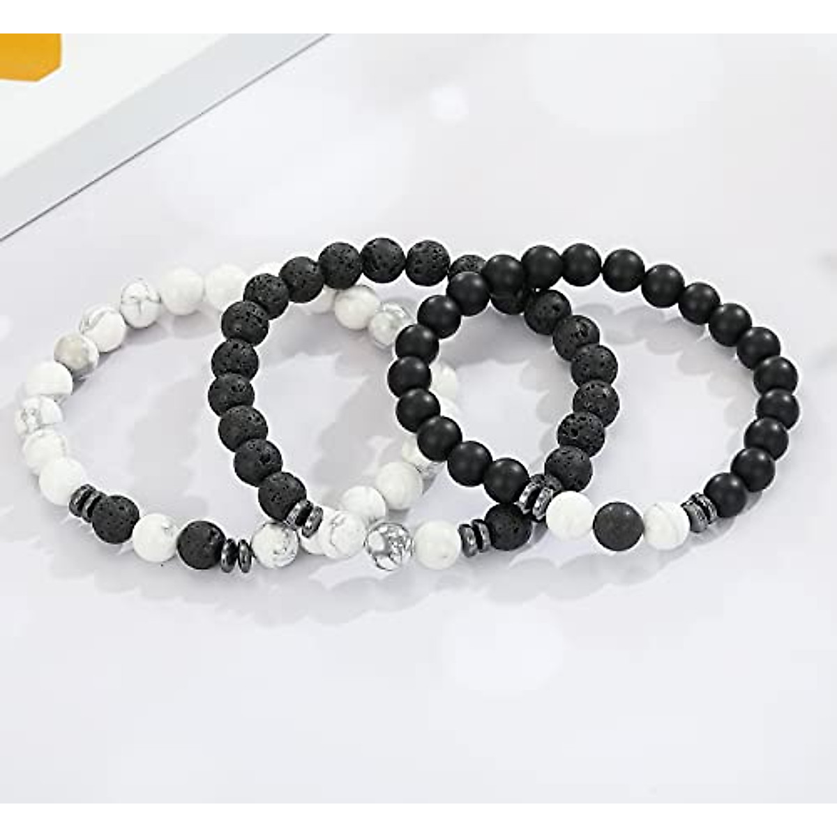 MengPa Mens Beaded Bracelets Matte Lava Rock Volcanic Stone Beads for Women Stretch Bracelet White Howlite Fashion Jewelry US4543B