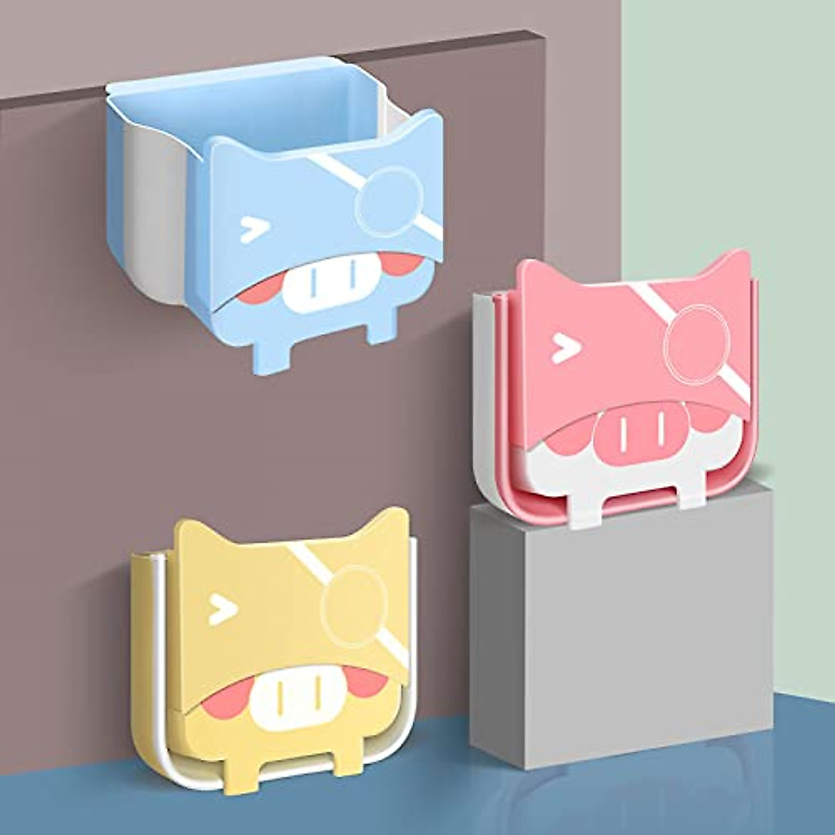 Hanging Trash Can, Cute Hanging Waste Bin Under Kitchen Sink Hanging Folding Mini Trash Can for Kitchen Cabinet Door Garbage Can(Blue)