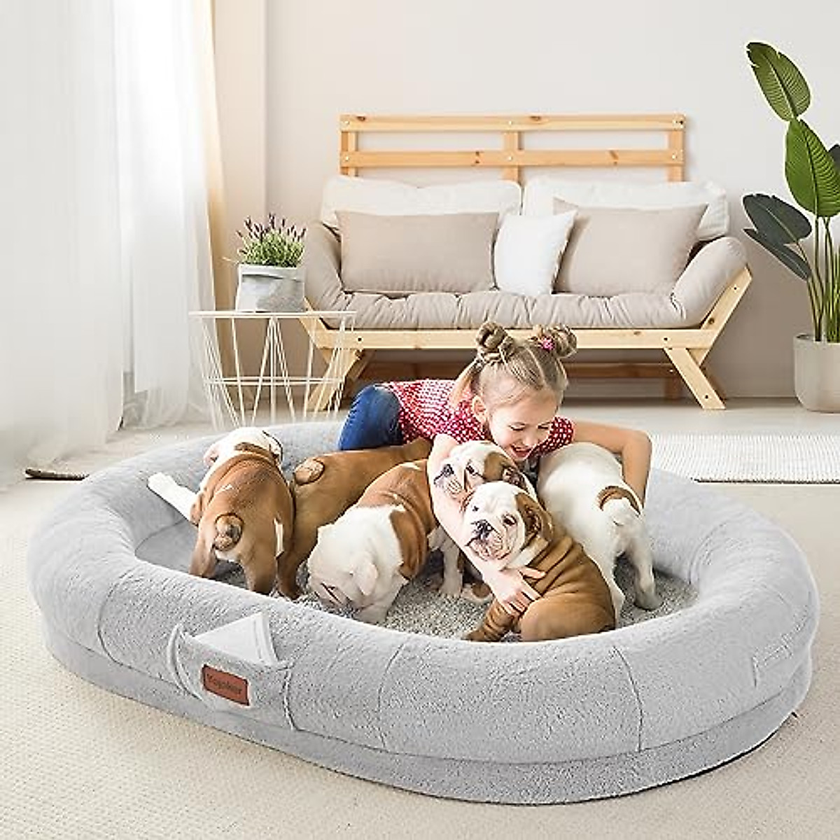 Human Dog Bed for People Adults, Giant Bean Bag Bed with Blanket 72"x48"x10", Washable Faux Fur Nap Bed Adult Oval for People, Families, Pets Removable Large Memory Foam Human Sized Dog Bed Grey