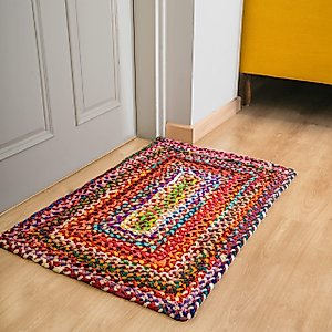 RAJRANG Reversible Chindi Rag Rug 2x3 ft Cotton Handmade Braided Mat Multicolor Boho Accent Area Rugs