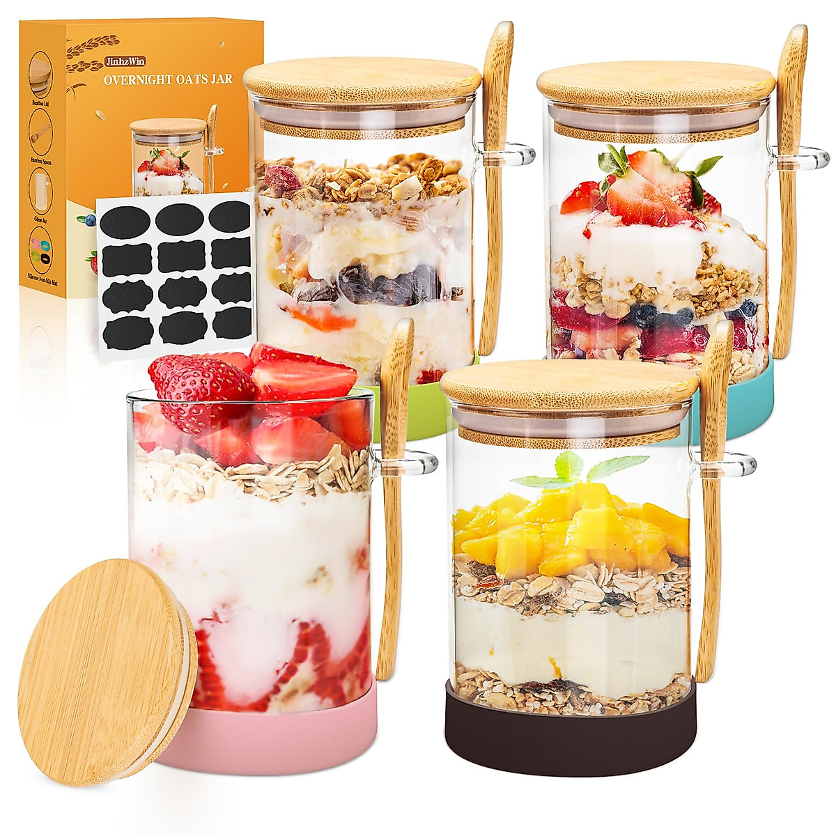 JinhzWin 4 Packs Overnight Oats Containers with Lids, 17 Oz Oats Overnight Glass Jar with Bamboo Spoon, Large Capacity Jars with 4 Colors Silicone Mats for Cereal Fruit Vegetable Yogurt Milk Salad