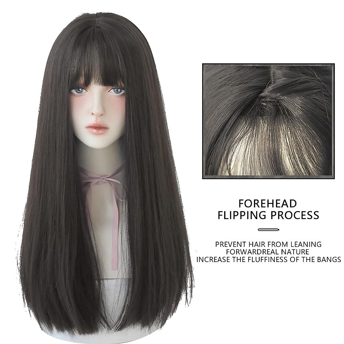 URCGTSA 22 Inches long Hair Wig for Women Black Synthetic Hair Natural Long Straight Wig With Bangs Party Cosplay Wig for Girl (Black brown)