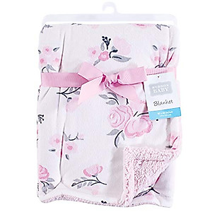 Hudson Baby Unisex Baby Plush Mink and Sherpa Blanket, Pink Floral, One Size