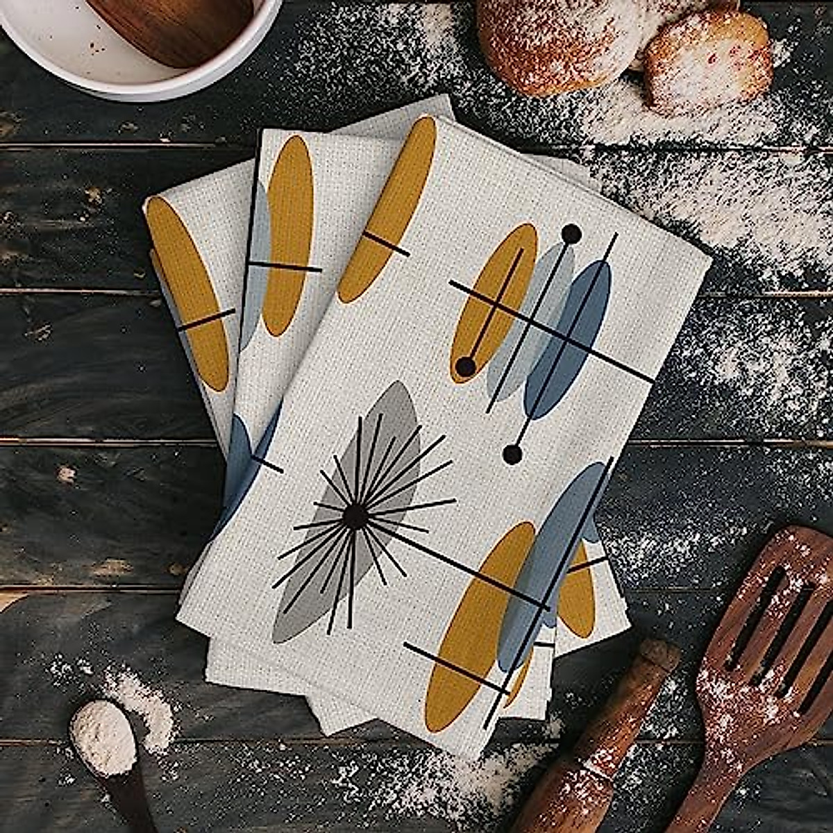 Yun Nist Kitchen Dish Towels,Retro Grey Blue Orange Oval Soft Microfiber Dish Cloths Reusable Hand Towels,Mid Century Abstract Geometry Linen Washable Tea Towel for Dishes Counters 1 Pack