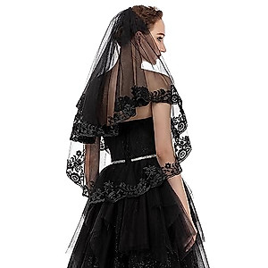 PAMOR Black Lace Veil Creative Mantilla Cathedral Tulle Sheer Wedding Halloween Veil for Bride With Comb