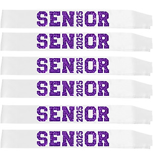 6Pcs White Senior 2025 Satin Sashes with Purple Glitter Letters- 2025 Graduation Celebrations Sashes - Senior Cheer Sash - Cheerleader Sash - Class Competition Sashes