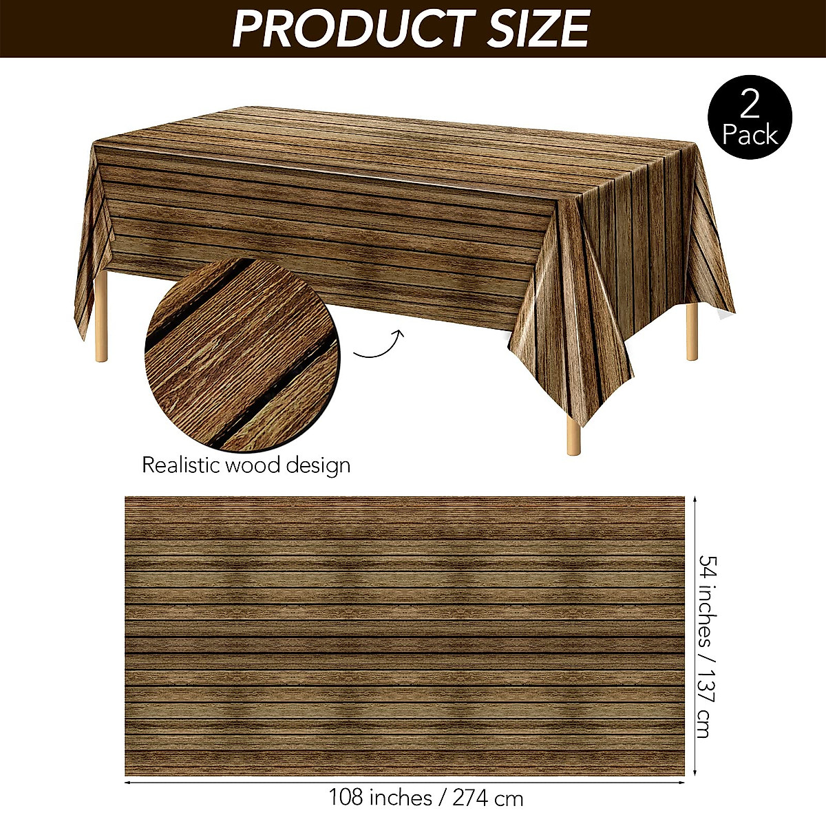 durony 2 Pieces Plastic Wood Grain Tablecloths Table Covers 54 x 108 Inch Plastic Waterproof Rustic Table Cover for Western Barn Themed Party Birthday Wedding Party Table Decor