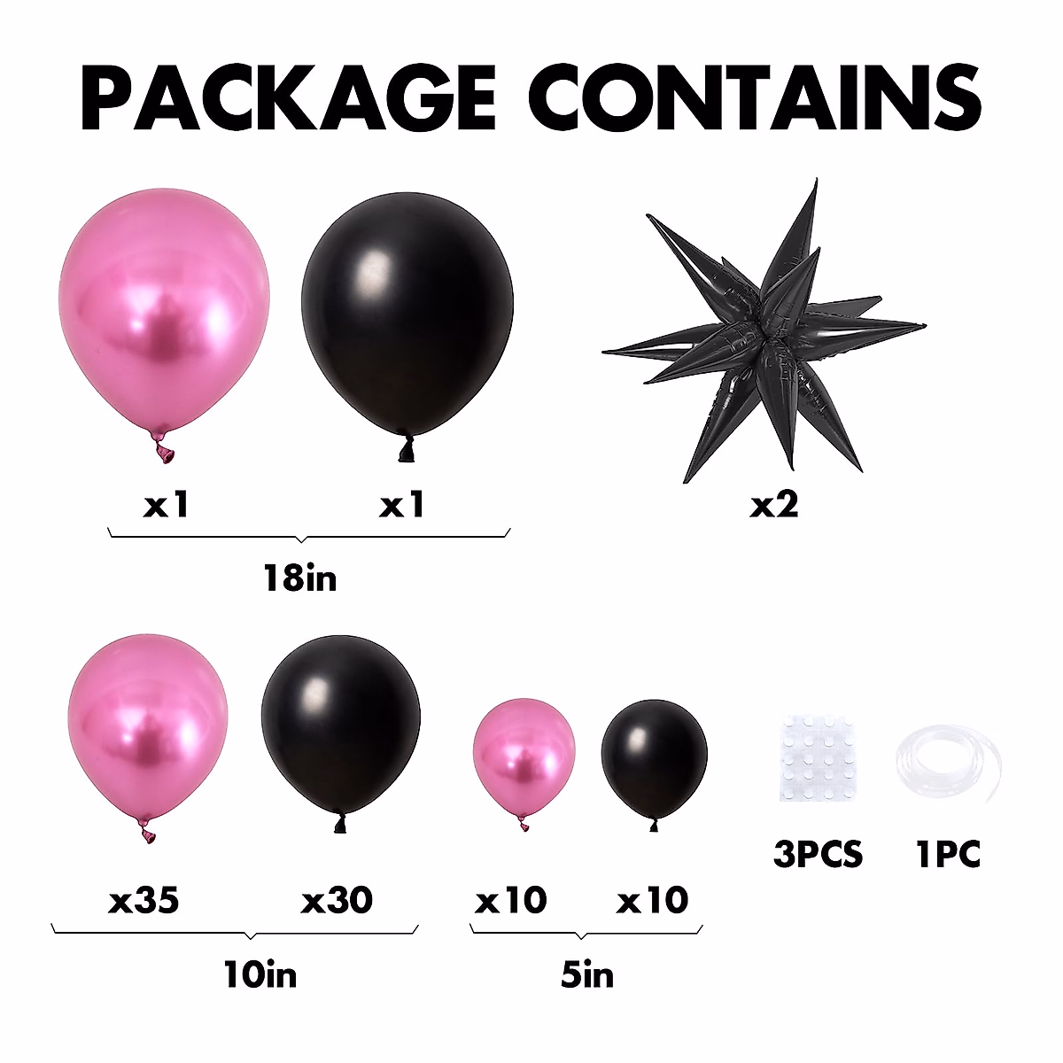 Hot Pink and Black Balloon Arch Kit, 5 10 18 Inch Birthday Party Balloons, Metallic Magenta Black Garland Kit with 2 Black Explosion Star Balloons, DIY Balloon Arch for Birthday Party Decoration