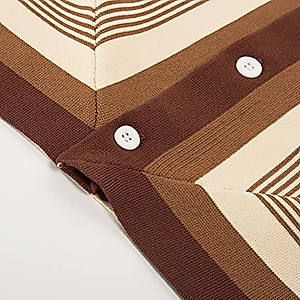 Mens Short Sleeve Vintage Stripe Knit Polo Shirts 60s Retro Sweater Polo Beige M