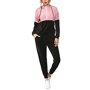 HOTOUCH Track Suits for Women Set 2 Piece Velour Sweatsuit Set Color Block Velvet Sweatshirt and Jogger Set Outfit Pink M
