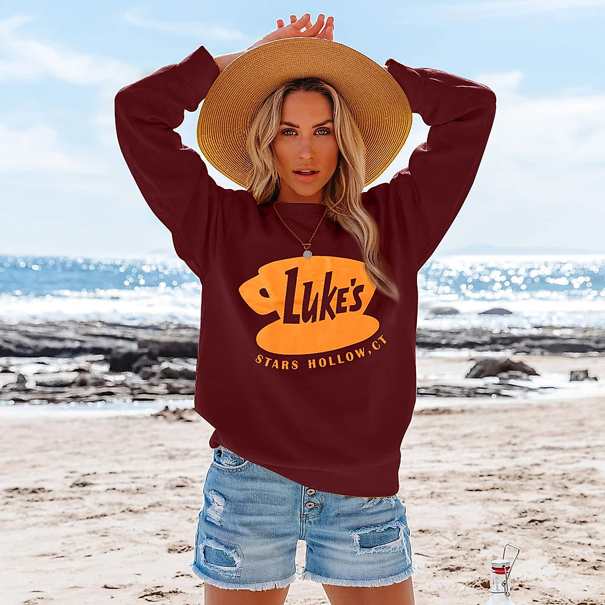 DUTUT Luke's Diner Sweatshirt Women Thin Lightweight Shirt Funny Graphic Long Sleeve Stars Hollow Pullover Coffee Tops