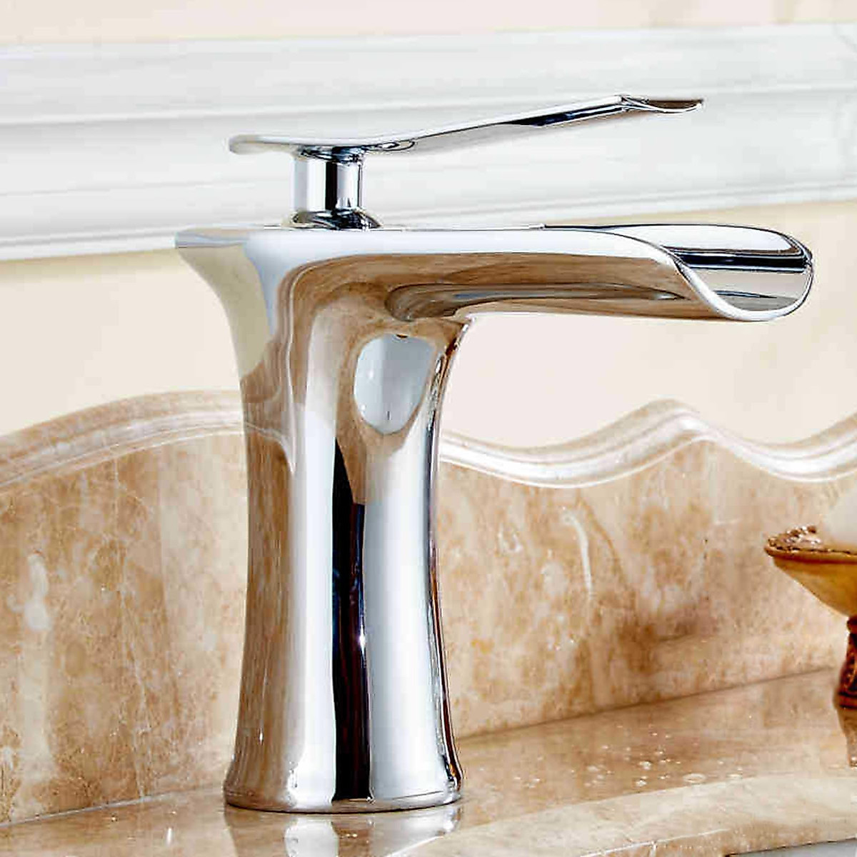 BiaoTeng Bathroom Faucet Waterfall Vintage Chrome Single Hole Hot or Cold Bathroom Sink Faucet 1 Hole Waterfall Brass Bathroom Sink Faucet Waterfall, Chrome