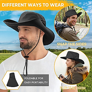 Sukeen Mens Sun Hat Wide Brim Breathable UPF50+ Waterproof Fishing Hat Removable Hat Top Boonie Hat for Hiking Garden Safari Black