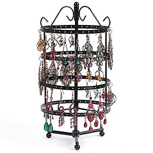 PENGKE Earring Holder Organizer,360 Rotating Earring Organizer, 4 Tiers 144 Holes Earring Jewelry Display Stands,Metal Necklace Jewlery Holder,12.2 x6 inch Black