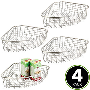 mDesign Farmhouse Metal Kitchen Cabinet Lazy Susan Storage Organizer Basket with Front Handle - Large Pie-Shaped 1/4 Wedge, 4.4" Deep Container - 4 Pack - Satin