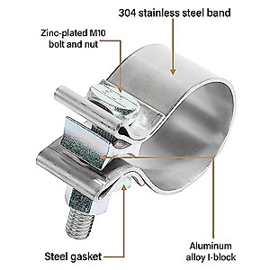 Zlirfy 2 Pack Stainless Steel Exhaust Clamp,Narrow Band Muffler Clamp,1.75" 2.0" 2.25" 2.5" 3.0" Butt Joint Exhaust Band Seal Clamps,Exhaust Clamps Pipe Repair Parts (3.0 inch)