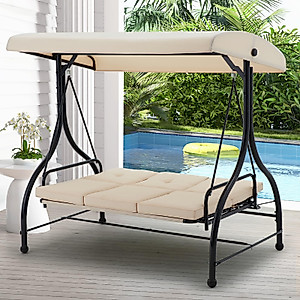 U-MAX Outdoor Proch Swing Chair with Adjustable Backrest&Canopy, Patio Swing Set 2-in-1 Convertible Outdoor Swing Patio Canopy Swing Daybed with Removable Beige Cushions for Adults