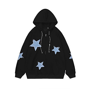 Y2K Hoodie Zip Up Star Jackets Grunge Gothic Graphic Sweatshirt Acubi Emo Hooded Pullover Tops Harajuku Clothes (Black,L)