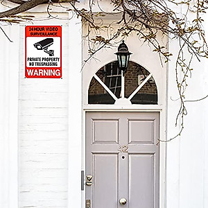Olodeer 4 Pack Private Property No Trespassing Warning Sign,10x7 Inches 0.4 Aluminum Anti-Rust, 24 Hours Video Surveillance Warning Signs Outdoor Use