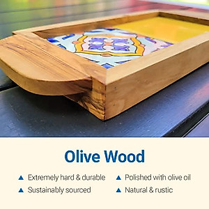 Kamsah Olive Wood Serving Tray - Decorative Coffee Table & Ottoman Tray with Handles & Hand Painted Ceramic Tile - Rustic Wooden Kitchen Tray for Tea & Coffee Service. Alhambra