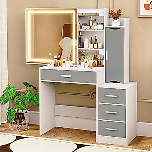 usikey Makeup Vanity Desk, Makeup Vanity Table with Sliding LED Lighted Mirror, Vanity Table with 4 Drawers & Cabinet, 3 Lighting Modes & Brightness Adjustable, Bedroom Dressing Table, White and Grey