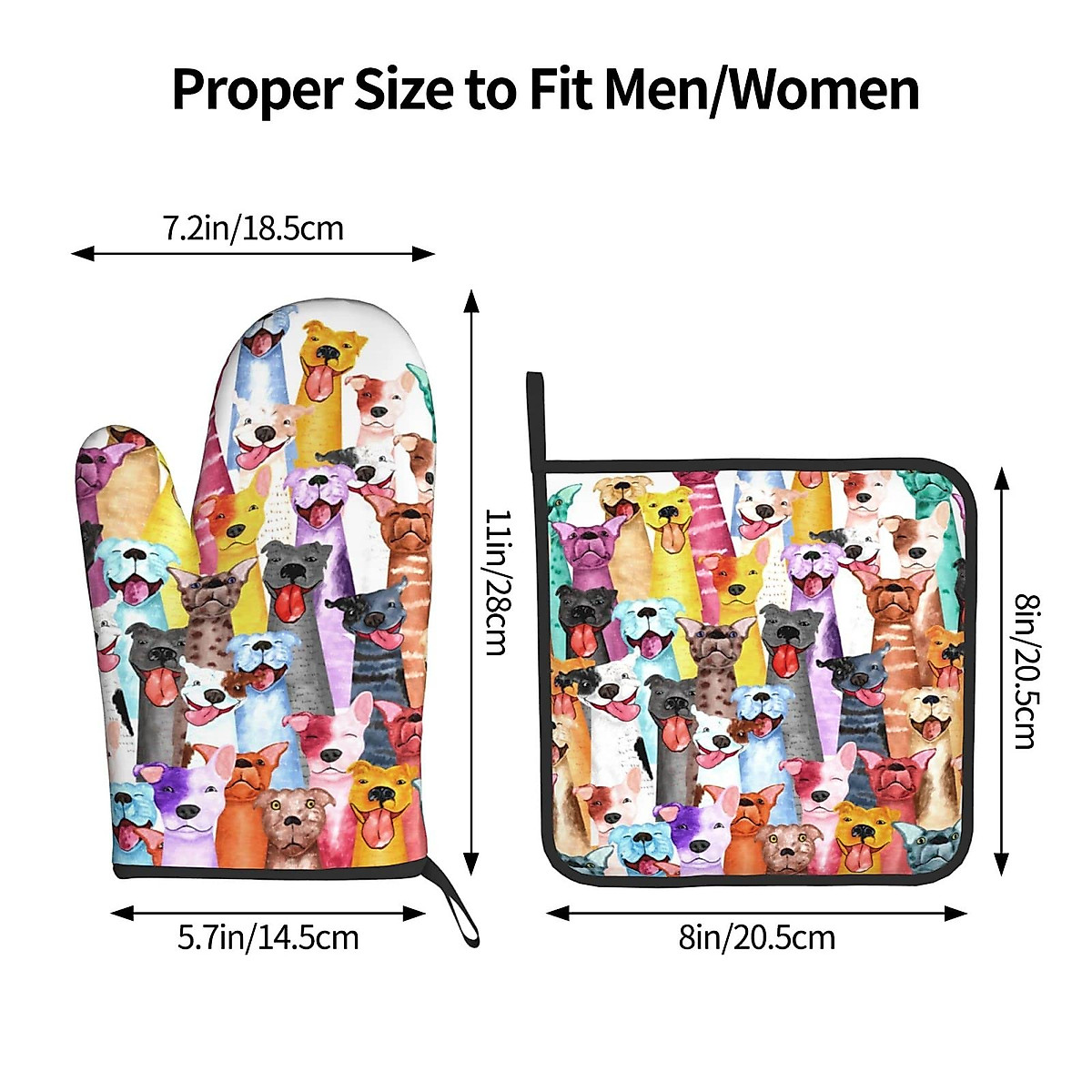 Cute American Pit Bull Terrier Dogs Puppy Lovers Colorful Tie Dye Oven Mitts and Pot Holders Sets Reusable Soft Cotton Heat Resistant Oven Gloves For Kitchen Microwave BBQ Baking Print Oven Mitt Gifts