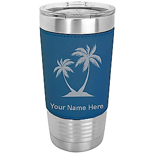 LaserGram 20oz Vacuum Insulated Tumbler Mug, Palm Trees, Personalized Engraving Included (Faux Leather, Blue)