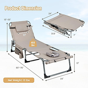 Giantex Tanning Chair, 5-Position Adjustable Beach Chair with Face & Arm Hole, Hand/Shoulder Strap, Removable Pillow, Side Pocket, 400 Lbs Capacity, Sunbathing Chair, Lounge Chair Outdoor (1, Beige)
