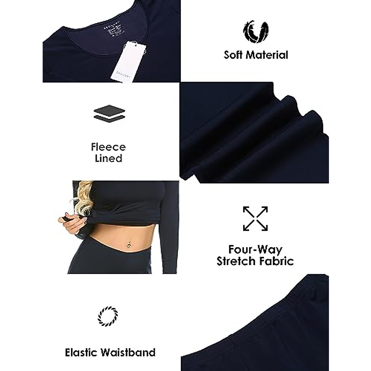 Ekouaer Thermal Underwear for Women Fleece Lined 2 PCS Long Johns Slim fit Top & Bottom Base Layer Navy Blue M