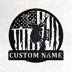 Riaeelvs Custom Hunter Family Name Metal Signs Personalized USA Flag Deer Hunting Metal Wall Art Customized Deer Buck Outdoor Wall Decor Wildlife Metal Sign Unique Gifts for Wedding Anniversary
