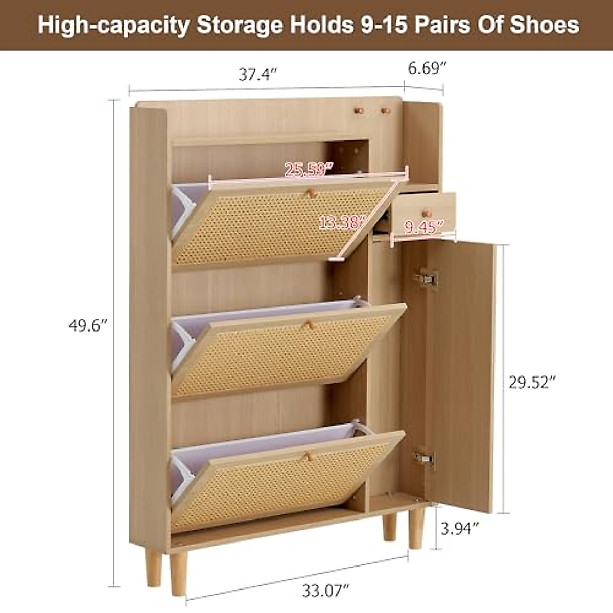 YardGo Freestanding Shoe Cabinet with 3 Flip Drawers and Door, Modern Rattan Shoe Storage Organizer, Small Household Furniture for Entryway, Hallway, Living Room