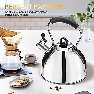 Tea Kettle Stovetop - HIHUOS 2.64QT Whistling Tea Pots for Stove Top - Sleek Teapots with Universal Base, Mirror Stainless Steel Teakettle with Cool Grip Bakelite Handle