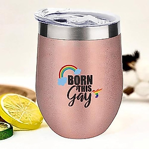 Mighun Born This Gay Hummingbird Lgbt Wine Tumbler with Lid, Pride Parade LGBT Vacuum Coffee Tumbler, Gay Pride Stemless Insulated Wine Glasses Cup for Champaign, Cocktail, Beer