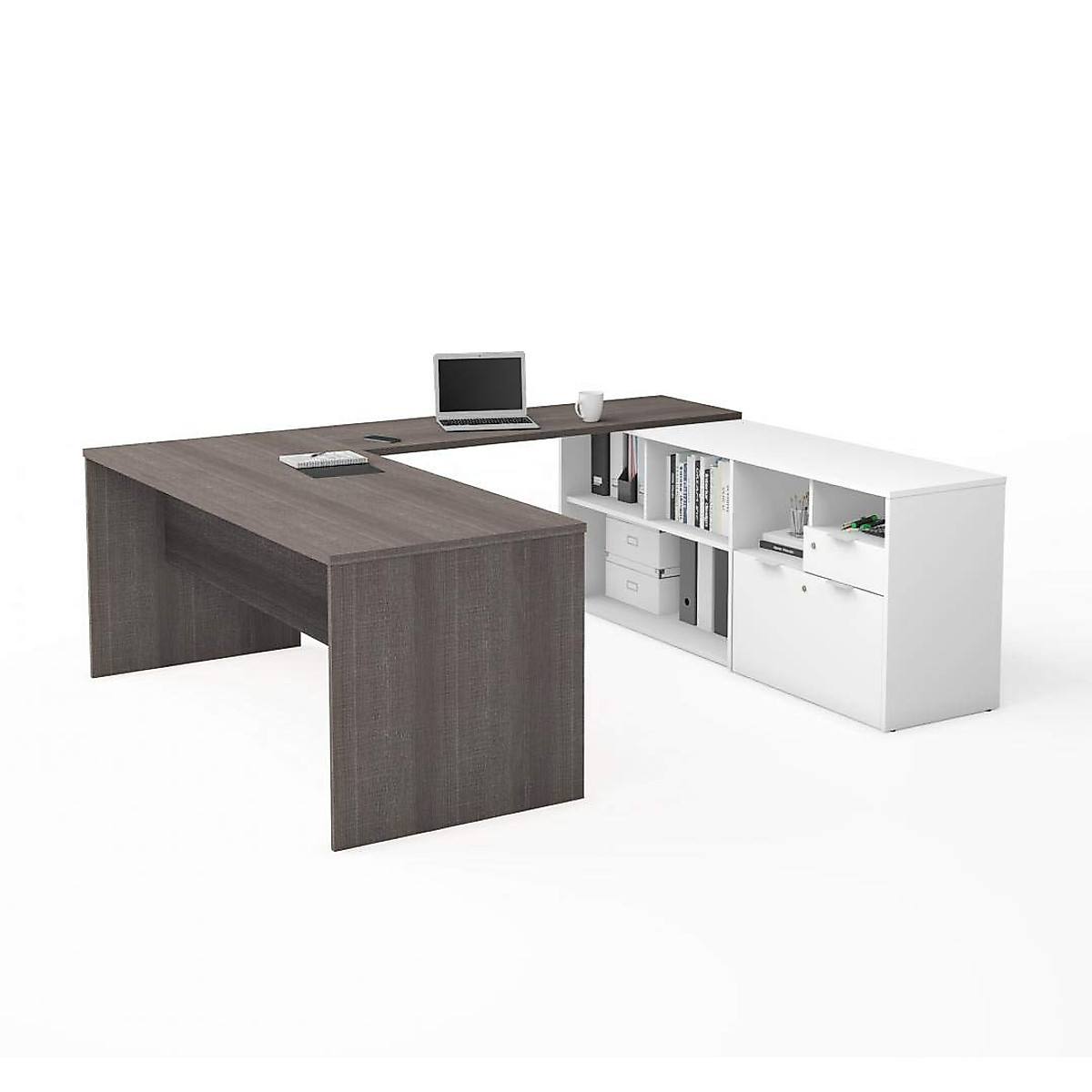 Bestar i3 Plus U-Shaped Executive Desk, 72W, Bark Grey & White