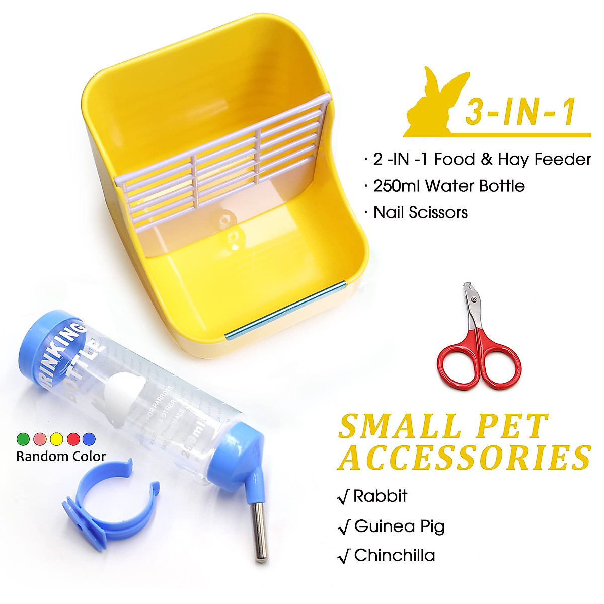 LLSPET 3-in-1 Guinea Pig Hay Feeder Water Bottle Nail Scissors Set, Pets Feeding Kit for Small Animals Bunny Chinchilla Guinea Pig Rabbit, 250ml Rabbit Water Bottle No Drip(Yellow)