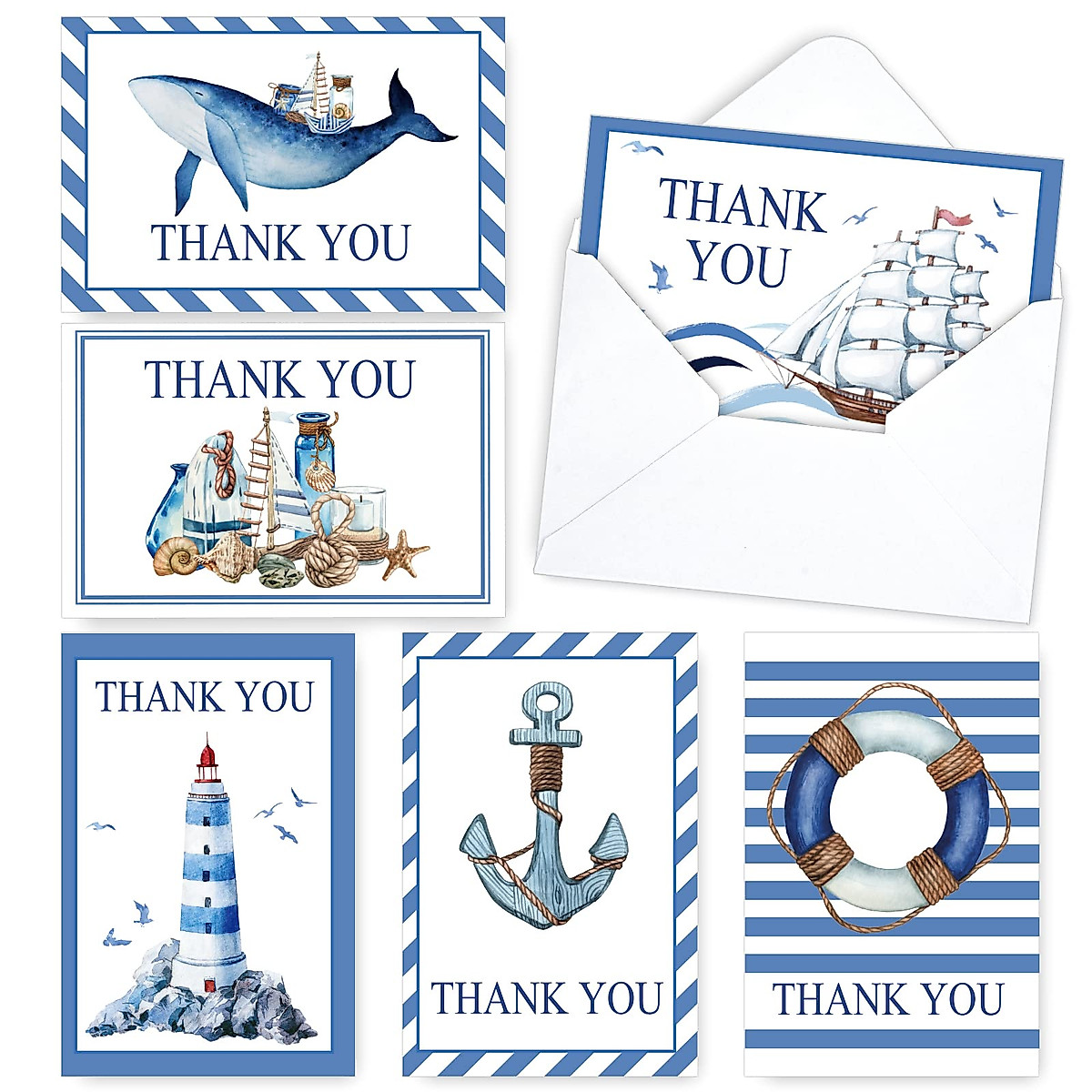 AnyDesign Cruise Staff Thank You Cards Set with Stickers Envelopes 24 Pack Blue Nautical Thank You Note Cards for Express Thanks to Ship Staff Birthday Baby Shower Party, 4 x 6 Inch