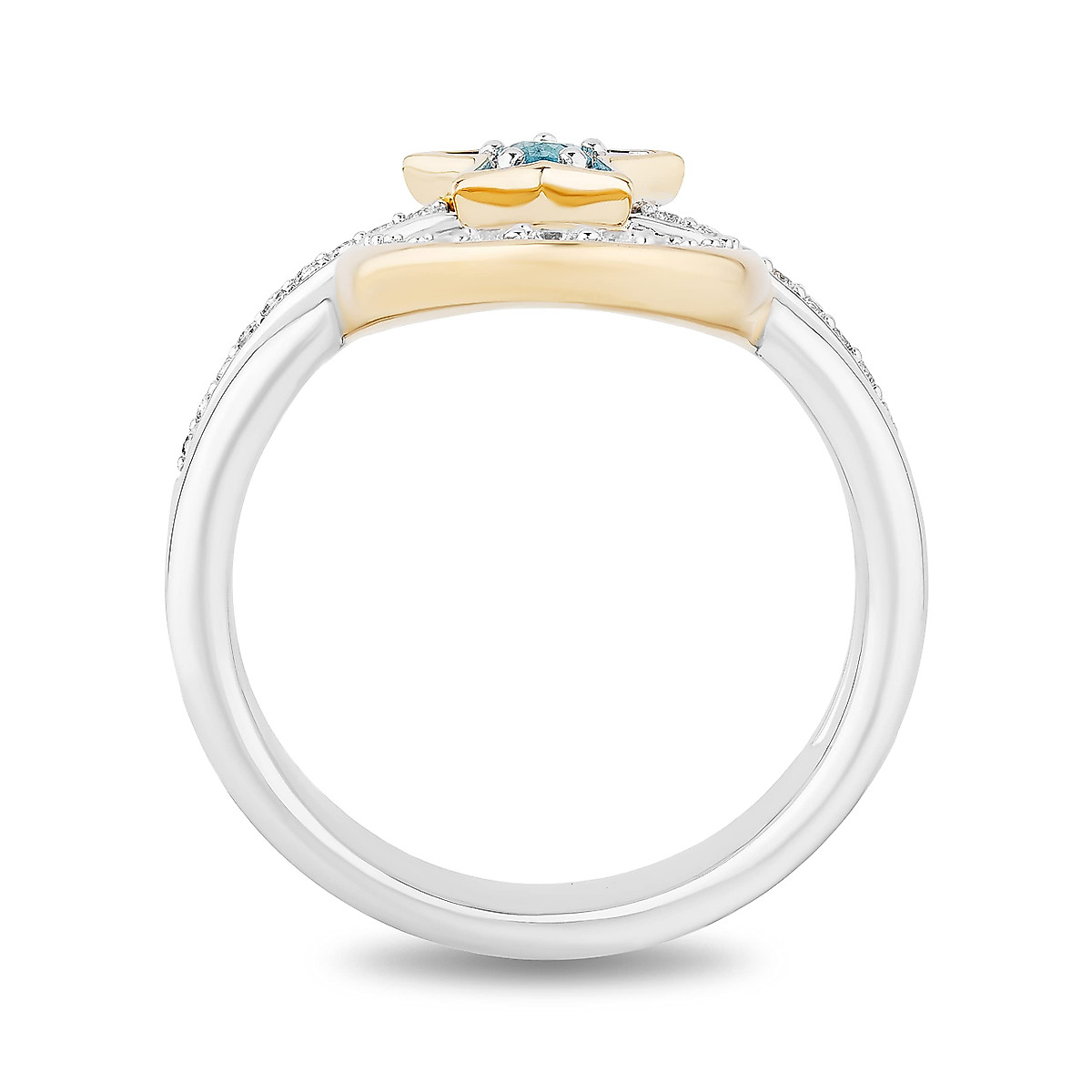 Jewelili Enchanted Disney Fine Jewelry Sterling Silver and 10K Yellow Gold 1/6 CTTW Diamond, Swiss Blue Topaz Aladdin 30th Anniversary Jasmine Star & Moon Ring Size 8