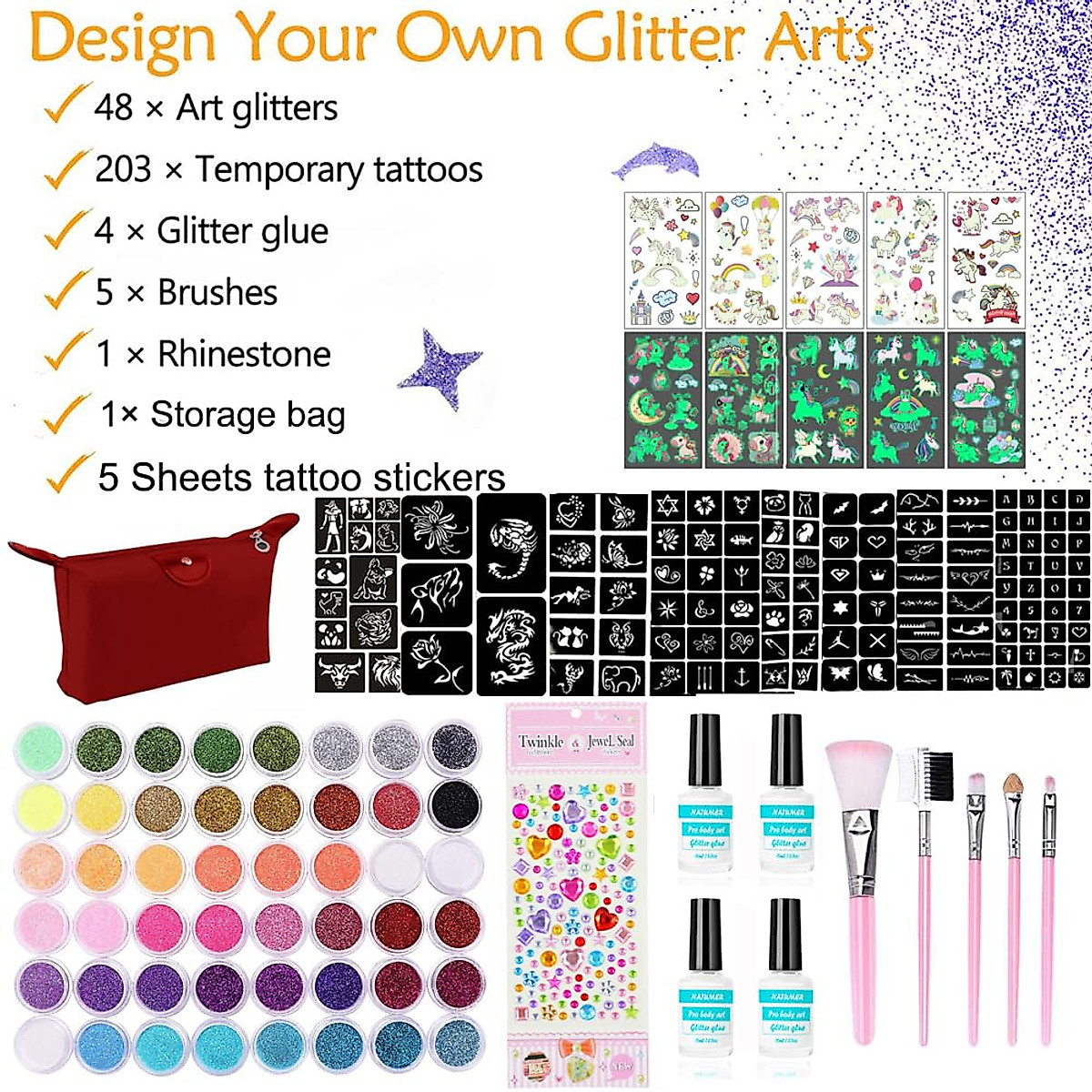 Glitter Tattoos Kit 48 Colors Waterproof Temporary Tattoos with 203 Stencils, 5 Brushes 4 Glue, Body Nail Art, Body Glitter Festival Party (48 Colors)