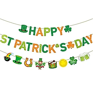 JKQ Glittery Happy St Patrick's Day Banner and Shamrock Rainbow Gold Coins Pot Horseshoe Leprechauns Patterns Banner Saint Patrick's Day Garland Banner Irish Lucky Day St. Patty's Day Party Decorations
