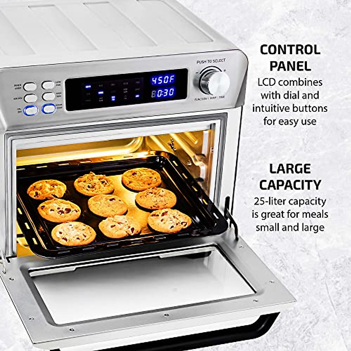 OVENTE Air Fryer Toaster Oven Combo, 26 Qt Stainless Steel Countertop Convection Oven with 1700W Power, Digital Display and Accessories, Perfect for Pizza, Roast, Bake, Toast & Broil, Silver OFD4025BR