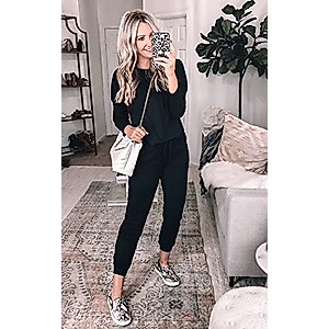PRETTYGARDEN Women's 2024 Fall Two Piece Outfit Long Sleeve Crewneck Pullover Tops and Long Pants Tracksuit (Black,Large)