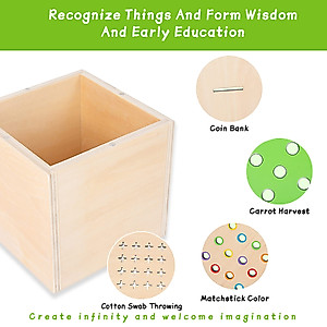 4-in-1 Montessori Wooden Toy for 1+ Year Old,Wooden Play Kit Kids Toy Box - Carrot Harvest Games, Infant Coin Box, Fine Motor Skills Toys and Cotton Swab Drop Game Box,Gift for Babies 6-12 Month