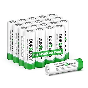 DURNERGY 3.6 Volt Lithium Battery AA ER14505 2400mAh Batteries Double A Batteries 20 Pack