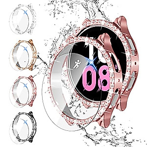 [4+4 Pack] Diamond Bling Case & Screen Protector 40mm for Galaxy Watch 5/4 - Anti-Fog Tempered Glass, Hard PC Cover, Women's Smartwatch Accessories